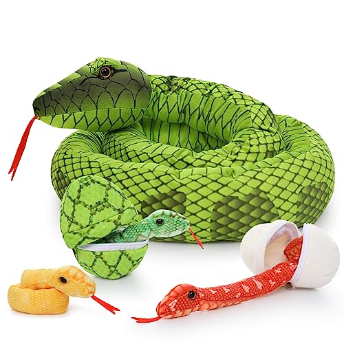 MorisMos Giant Snake Stuffed Animal Mommy with Babies, Realistic Stuffed Snakes Plush Toy, 80'' Long Green Boa Constrictor for Kids, Girls, Boys, 3 Snake Babies, 2 Snake Eggs