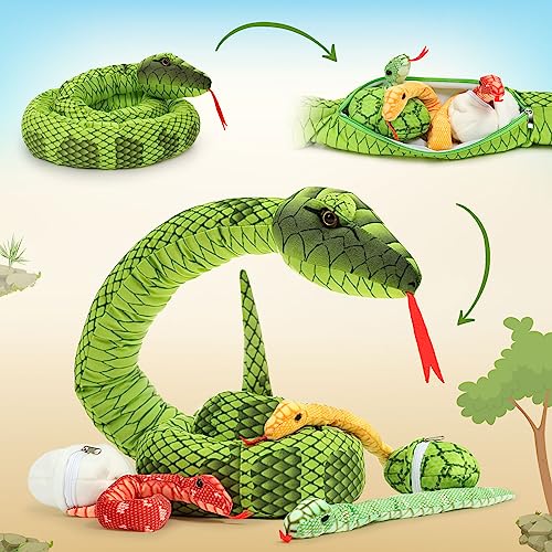 MorisMos Giant Snake Stuffed Animal Mommy with Babies, Realistic Stuffed Snakes Plush Toy, 80'' Long Green Boa Constrictor for Kids, Girls, Boys, 3 Snake Babies, 2 Snake Eggs