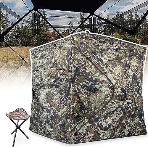 HUNT MONSTER Hunting Blind 2-3 Person with Tri-Leg Hunting Stool, 270 Degree See Through Pop up Ground Blinds for Deer Turkey Duck Hunting, Bow Hunting Adjust Windows with Silent Zipper