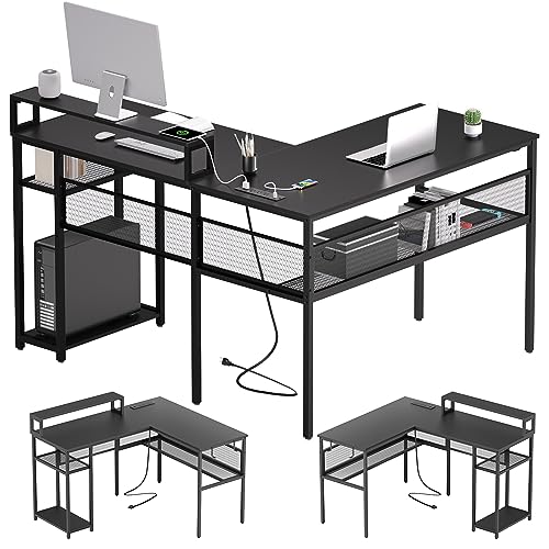 SOROGRA L Shaped Gaming Desk with Power Outlet and Storage Shelves, 50.4 inch Home Office Reversible Computer Desk with Monitor Stand, Corner Desk Writing Table with 2 Hooks, Black