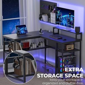 SOROGRA L Shaped Gaming Desk with Power Outlet and Storage Shelves, 50.4 inch Home Office Reversible Computer Desk with Monitor Stand, Corner Desk Writing Table with 2 Hooks, Black