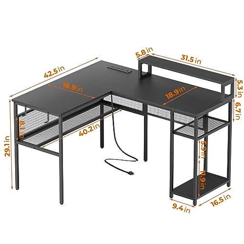 SOROGRA L Shaped Gaming Desk with Power Outlet and Storage Shelves, 50.4 inch Home Office Reversible Computer Desk with Monitor Stand, Corner Desk Writing Table with 2 Hooks, Black