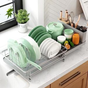 kitsure kitchen dish drying rack - extendable dish rack w/large capacity, dish rack for kitchen counter, multipurpose dish drainer w/detachable brackets for pot lids, dishes, pans, grey