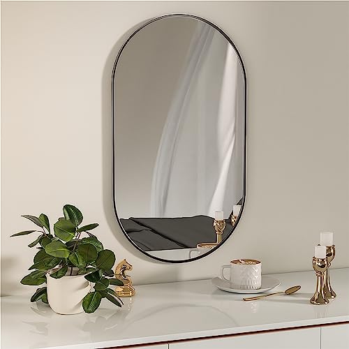 Antok Oval Mirror, 17"x30" Black Oval Bathroom Mirror for Wall, Vanity Mirror, Pill Shaped Mirror, Oval Wall Mirror for Bathroom,Living Room,Bedroom, Black