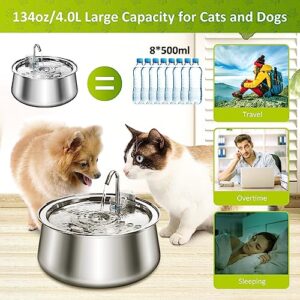 ZEKIRY Cat Water Fountain Stainless Steel, 134oz/4L Automatic Pet Water Fountain, Ultra Quiet Dog Water Dispenser with Filter and Sponge, SUS 304 Faucet Shape Water Fountain for Cats, Dogs