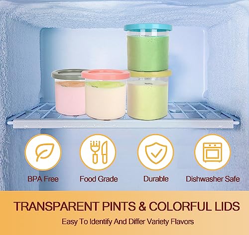 4 Pack Ice Cream Containers Compatible with Ninja Creami NC299AMZ NC300 & NC301 Series Ice Cream Maker, Replacement Pints Containers and Lids, BPA-Free & Dishwasher Safe, Grey/Blue/Pink/Yellow