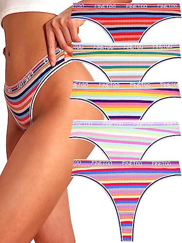 FINETOO Cotton Thongs for Women Sexy Soft Breathable Thong Underwear Low Rise Colorful Stripes Hipster Panties 5 PacK(5AM)