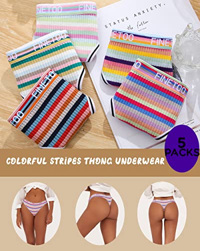 FINETOO Cotton Thongs for Women Sexy Soft Breathable Thong Underwear Low Rise Colorful Stripes Hipster Panties 5 PacK(5AM)