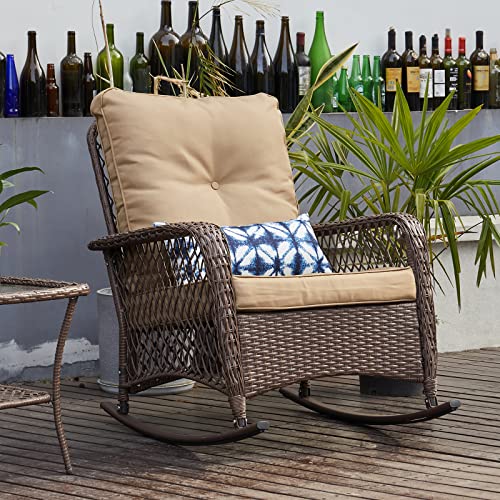 VONZOY Outdoor Rocking Chair, Wicker Patio Furniture with Thickened Cushions for Porch (Khaki)