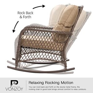 VONZOY Outdoor Rocking Chair, Wicker Patio Furniture with Thickened Cushions for Porch (Khaki)