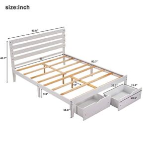 LCH Queen Size Murphy Bed with Storage Drawer and Little Shelves on Each Side, Solid Wood Queen Platform Bed Frame for Kids Teens Adults, No Box Spring Needed (White)