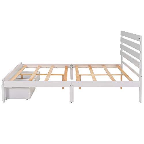 LCH Queen Size Murphy Bed with Storage Drawer and Little Shelves on Each Side, Solid Wood Queen Platform Bed Frame for Kids Teens Adults, No Box Spring Needed (White)