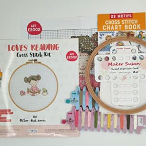 Maker Susan Loves Reading Pattern Counted Cross Stitch Kits for Adults and Beginners with Wooden Hoop, DMC Fabric, Threads and Needles, Embroidery Thread Floss Organizer Cards, Embroidery Kit (E2002)