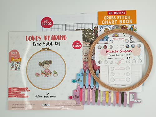 Maker Susan Loves Reading Pattern Counted Cross Stitch Kits for Adults and Beginners with Wooden Hoop, DMC Fabric, Threads and Needles, Embroidery Thread Floss Organizer Cards, Embroidery Kit (E2002)