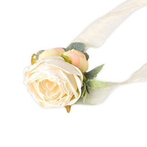 rose wrist corsage flower wristlet wristbands for women girls floral hand flower for prom wedding decorations for party ribbons wrist flower for bridesmaid, white