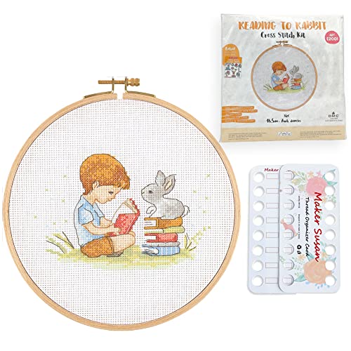 Maker Susan Reading to Rabbit Pattern Counted Cross Stitch Kits for Adults and Beginners with Wooden Hoop, DMC Fabric, Threads and Needles, Embroidery Thread Floss Organizer Cards (E2001)