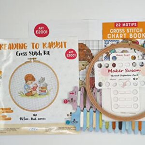 Maker Susan Reading to Rabbit Pattern Counted Cross Stitch Kits for Adults and Beginners with Wooden Hoop, DMC Fabric, Threads and Needles, Embroidery Thread Floss Organizer Cards (E2001)