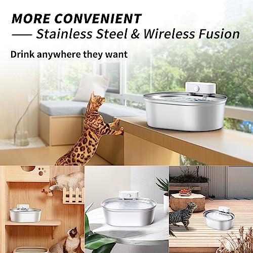 uahpet Cat Water Fountain Stainless Steel, Wireless Battery Operated Cat Fountain, 67oz/2L Pet Water Fountain, Automatic Water Dispenser for Cats Dogs, Dishwasher Safe Cat Fountain