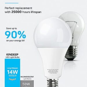 KINDEEP 3 Way LED Light Bulbs 50 100 150 Watt Equivalent, Three Way A21 LED Bulbs, E26 Base, Daylight White 5000K, 500 1600 2200LM for Home Reading, Desk Lamp, Table Lamp, 2 Pack