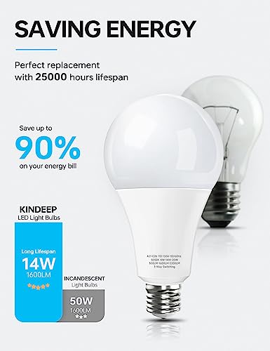 KINDEEP 3 Way LED Light Bulbs 50 100 150 Watt Equivalent, Three Way A21 LED Bulbs, E26 Base, Daylight White 5000K, 500 1600 2200LM for Home Reading, Desk Lamp, Table Lamp, 2 Pack