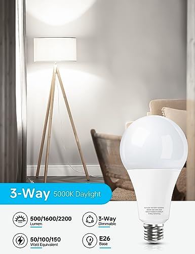 KINDEEP 3 Way LED Light Bulbs 50 100 150 Watt Equivalent, Three Way A21 LED Bulbs, E26 Base, Daylight White 5000K, 500 1600 2200LM for Home Reading, Desk Lamp, Table Lamp, 2 Pack