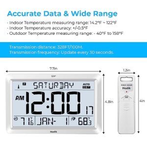 HODIK Atomic Clock with Indoor Outdoor Temperature Wireless, Large 7.5 Inch LCD with Backlight, Self-Setting Battery Powered with High Precision Sensor