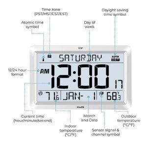 HODIK Atomic Clock with Indoor Outdoor Temperature Wireless, Large 7.5 Inch LCD with Backlight, Self-Setting Battery Powered with High Precision Sensor