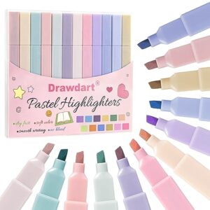 drawdart highlighters- 12pcs assorted colors with chisel tip, no bleed pastel and aesthetic highlighter for bible study, journaling, planner- cute highlighters for school and office supplies