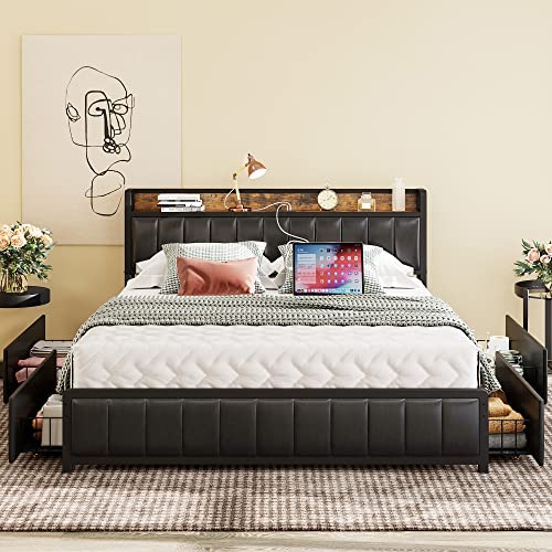 ANCTOR Queen Bed Frame with Storage Drawers Headboard & Footboard, Upholstered Platform Bed with USB Ports & Outlets, No Box Spring Needed