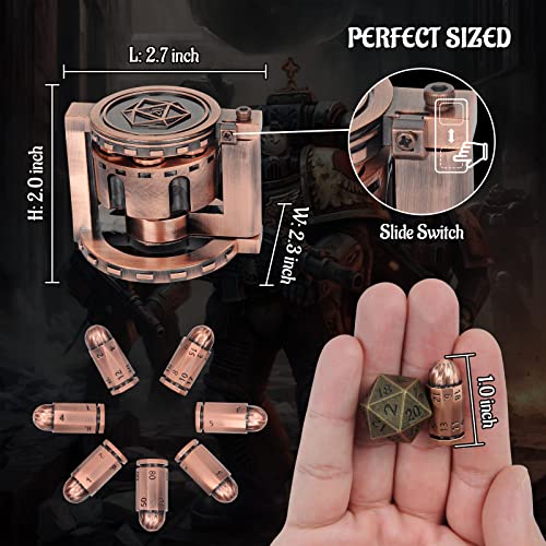 CZYY Metal Polyhedral Bullet Dice Set of 7 with Spinning Revolver Cylinder Container - Cyberpunk Style Dice for Warhammer 40K, D&D, Sci-Fi, War, or Crime Theme Tabletop Games (Copper)