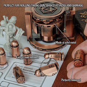 CZYY Metal Polyhedral Bullet Dice Set of 7 with Spinning Revolver Cylinder Container - Cyberpunk Style Dice for Warhammer 40K, D&D, Sci-Fi, War, or Crime Theme Tabletop Games (Copper)