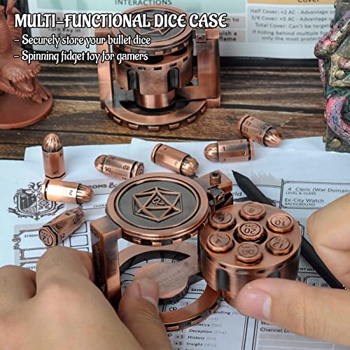 CZYY Metal Polyhedral Bullet Dice Set of 7 with Spinning Revolver Cylinder Container - Cyberpunk Style Dice for Warhammer 40K, D&D, Sci-Fi, War, or Crime Theme Tabletop Games (Copper)