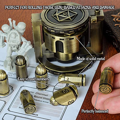 CZYY Metal Polyhedral Bullet Dice Set of 7 with Spinning Revolver Cylinder Container - Cyberpunk Style Dice for Warhammer 40K, D&D, Sci-Fi, War, or Crime Theme Tabletop Games (Bronze)