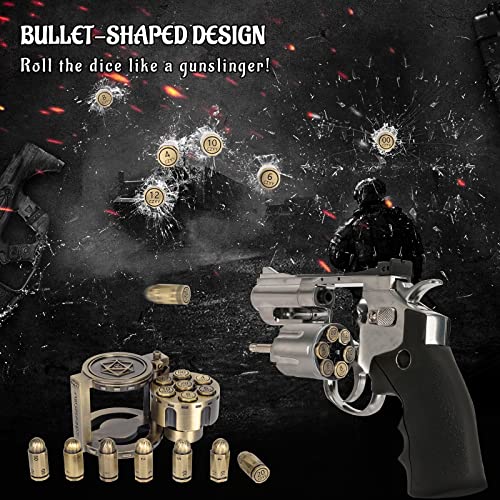 CZYY Metal Polyhedral Bullet Dice Set of 7 with Spinning Revolver Cylinder Container - Cyberpunk Style Dice for Warhammer 40K, D&D, Sci-Fi, War, or Crime Theme Tabletop Games (Bronze)