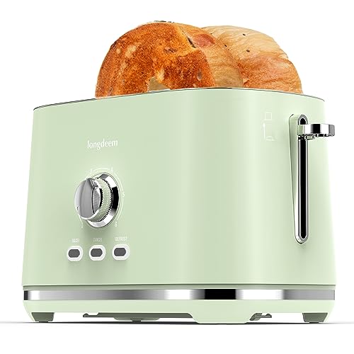 Toaster 2 Slice Stainless Steel Toaster Retro with 6 Bread Shade Settings, Bagel, Cancel, Defrost Function, Longdeem 2 Slice Toaster with Extra Wide Slot, Removable Crumb Tray, Pastel Green