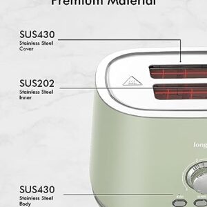 Toaster 2 Slice Stainless Steel Toaster Retro with 6 Bread Shade Settings, Bagel, Cancel, Defrost Function, Longdeem 2 Slice Toaster with Extra Wide Slot, Removable Crumb Tray, Pastel Green