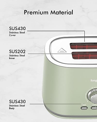 Toaster 2 Slice Stainless Steel Toaster Retro with 6 Bread Shade Settings, Bagel, Cancel, Defrost Function, Longdeem 2 Slice Toaster with Extra Wide Slot, Removable Crumb Tray, Pastel Green