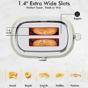 Toaster 2 Slice Stainless Steel Toaster Retro with 6 Bread Shade Settings, Bagel, Cancel, Defrost Function, Longdeem 2 Slice Toaster with Extra Wide Slot, Removable Crumb Tray, Pastel Green