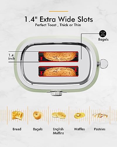 Toaster 2 Slice Stainless Steel Toaster Retro with 6 Bread Shade Settings, Bagel, Cancel, Defrost Function, Longdeem 2 Slice Toaster with Extra Wide Slot, Removable Crumb Tray, Pastel Green