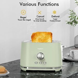 Toaster 2 Slice Stainless Steel Toaster Retro with 6 Bread Shade Settings, Bagel, Cancel, Defrost Function, Longdeem 2 Slice Toaster with Extra Wide Slot, Removable Crumb Tray, Pastel Green