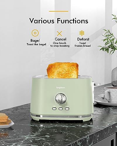 Toaster 2 Slice Stainless Steel Toaster Retro with 6 Bread Shade Settings, Bagel, Cancel, Defrost Function, Longdeem 2 Slice Toaster with Extra Wide Slot, Removable Crumb Tray, Pastel Green