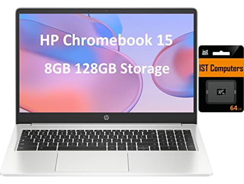 HP Chromebook 15 15.6" HD (Intel Pentium N6000, 8GB RAM, 128GB Storage (64GB eMMc + 64GB SD Card), UHD Graphics, Numeric KB) Home & Student Laptop, Anti-Glare, Webcam, Wi-Fi, IST SD Card, Chrome OS