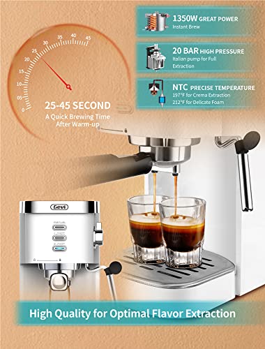 Gevi 20 Bar High Pressure Espresso Machines, Expresso Coffee Machine with Milk Frother for Espresso, Latte Macchiato, Cuppuccino,1.2L Water Tank, 1350W