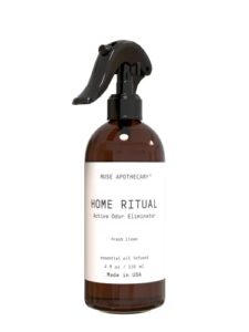 muse apothecary home ritual active odor eliminator spray - odor eliminator for home - furniture deodorizer spray & bathroom odor eliminator - essential oil air freshener - 4oz, fresh linen