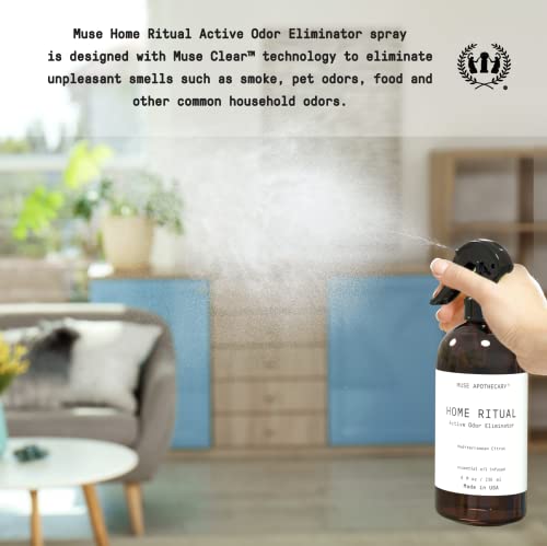 Muse Apothecary Home Ritual Active Odor Eliminator Spray - Odor Eliminator for Home - Furniture Deodorizer Spray & Bathroom Odor Eliminator - Essential Oil Air Freshener - 4oz, Fresh Linen