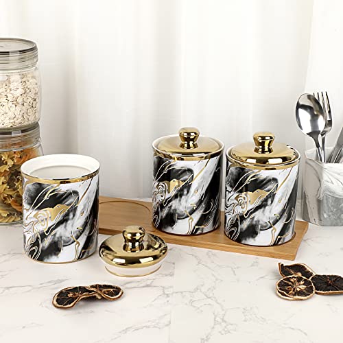 JUXYES Set of 3 Ceramic Canisters Set for Sugar Coffee Tea With Tray, Luxurious Storage Containers Sets with Lids Decorative Storage Pots Marble Ceramic Storage Jar for Kitchen Counter Dining Room