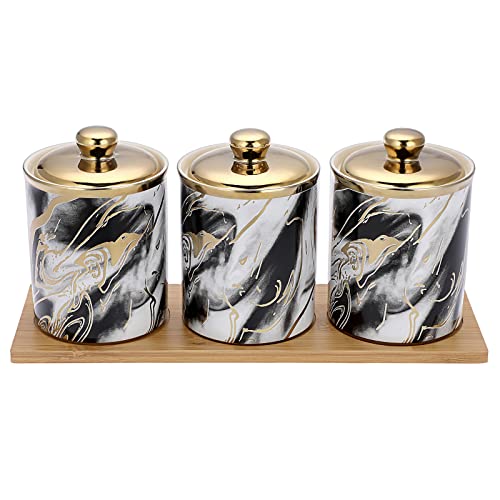 JUXYES Set of 3 Ceramic Canisters Set for Sugar Coffee Tea With Tray, Luxurious Storage Containers Sets with Lids Decorative Storage Pots Marble Ceramic Storage Jar for Kitchen Counter Dining Room