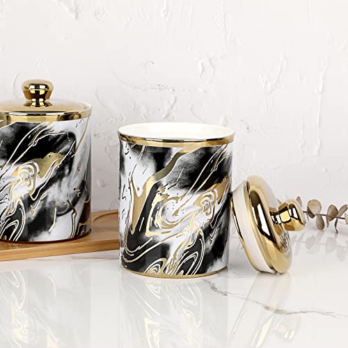 JUXYES Set of 3 Ceramic Canisters Set for Sugar Coffee Tea With Tray, Luxurious Storage Containers Sets with Lids Decorative Storage Pots Marble Ceramic Storage Jar for Kitchen Counter Dining Room