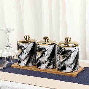 JUXYES Set of 3 Ceramic Canisters Set for Sugar Coffee Tea With Tray, Luxurious Storage Containers Sets with Lids Decorative Storage Pots Marble Ceramic Storage Jar for Kitchen Counter Dining Room