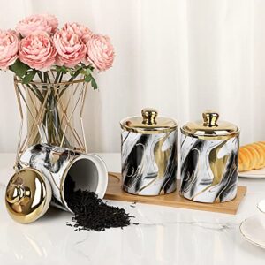 JUXYES Set of 3 Ceramic Canisters Set for Sugar Coffee Tea With Tray, Luxurious Storage Containers Sets with Lids Decorative Storage Pots Marble Ceramic Storage Jar for Kitchen Counter Dining Room